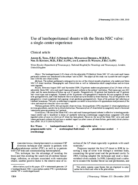 (PDF) Use of lumboperitoneal shunts with the Strata NSC valve: a single ...