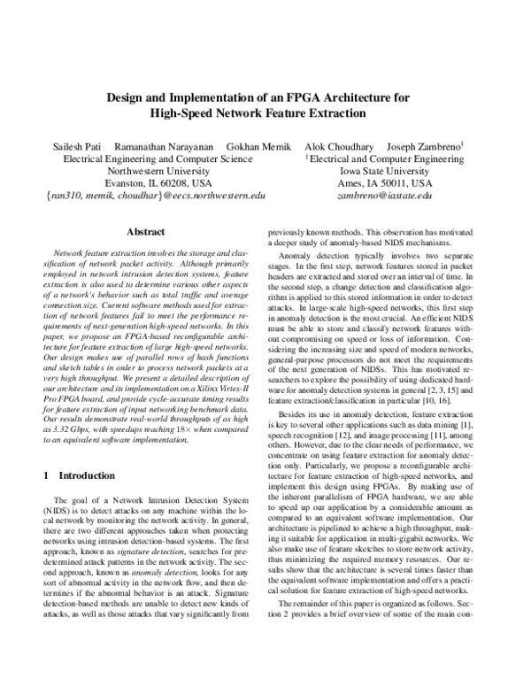 Pdf Design And Implementation Of An Fpga Architecture For High Speed Network Feature Extraction