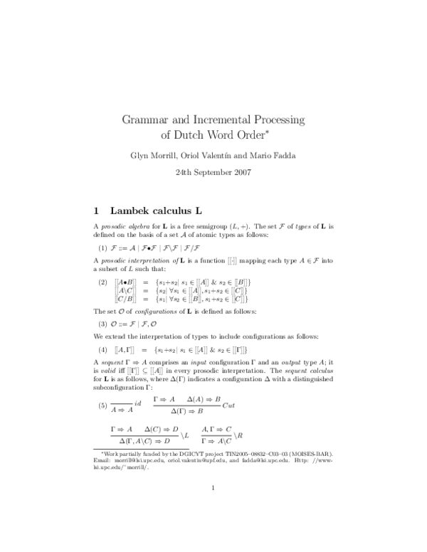 (PDF) Grammar and Incremental Processing of Dutch Word Order | Glyn ...