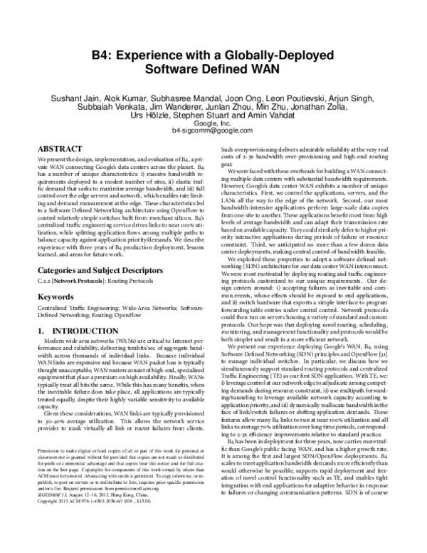(PDF) B4: Experience with a Globally-Deployed Software Defined WAN
