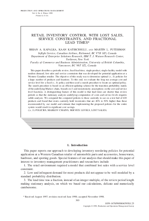(PDF) Retail inventory control with lost sales, service constraints ...