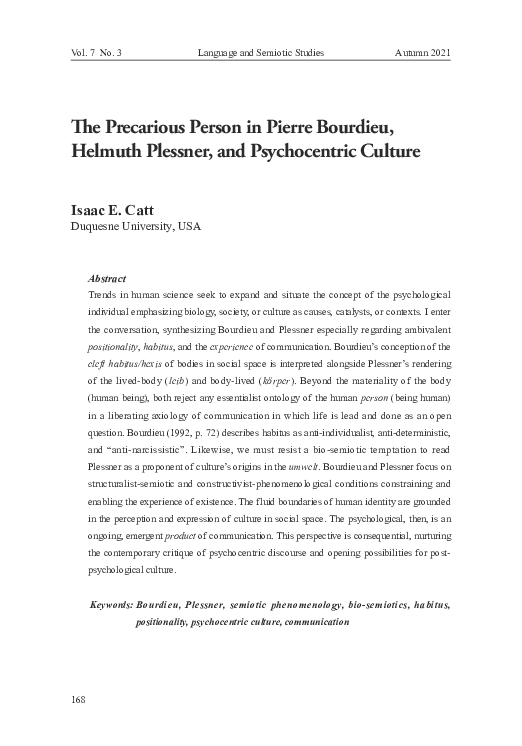 (PDF) The Precarious Person in Pierre Bourdieu, Helmuth Plessner, and ...