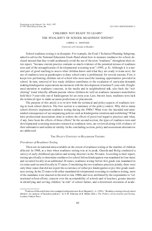 (PDF) Children not ready to learn? The invalidity of school readiness ...
