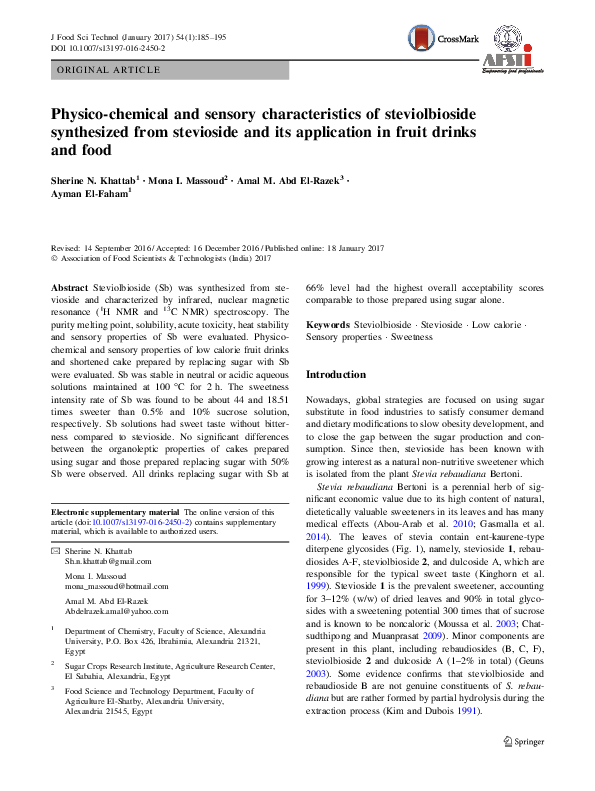 (PDF) Physico-chemical and sensory characteristics of steviolbioside synthesized from stevioside ...