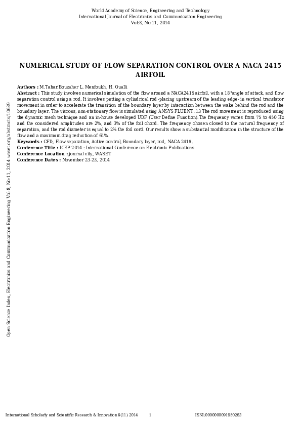 (PDF) Numerical Study of Flow Separation Control over a NACA2415 Airfoil