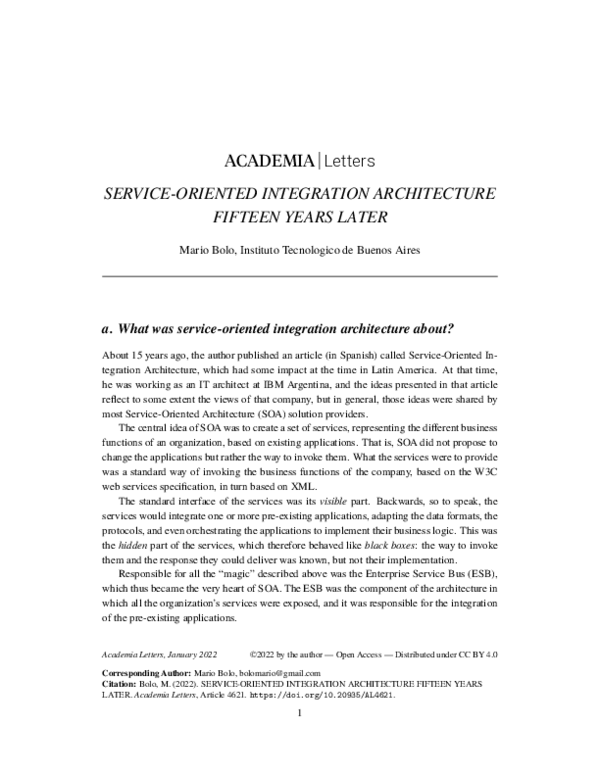 (PDF) SERVICE-ORIENTED INTEGRATION ARCHITECTURE FIFTEEN YEARS LATER