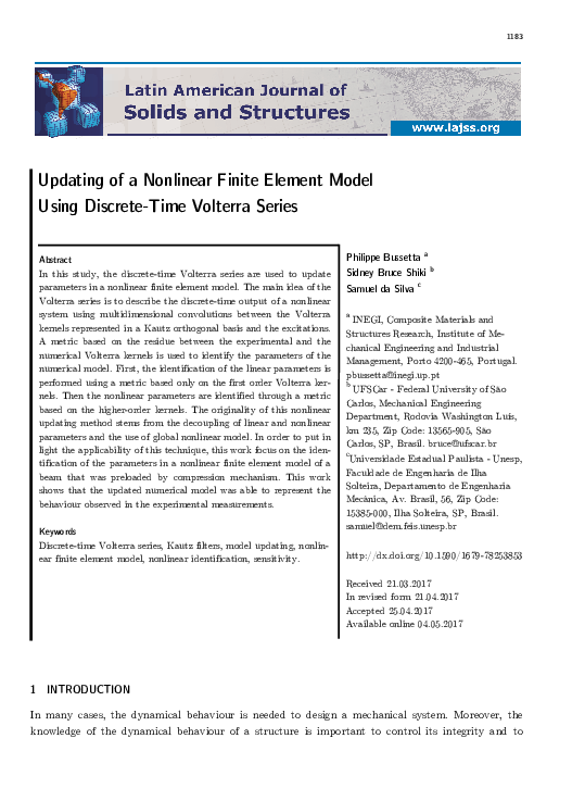 Pdf Updating Of A Nonlinear Finite Element Model Using Discrete Time Volterra Series