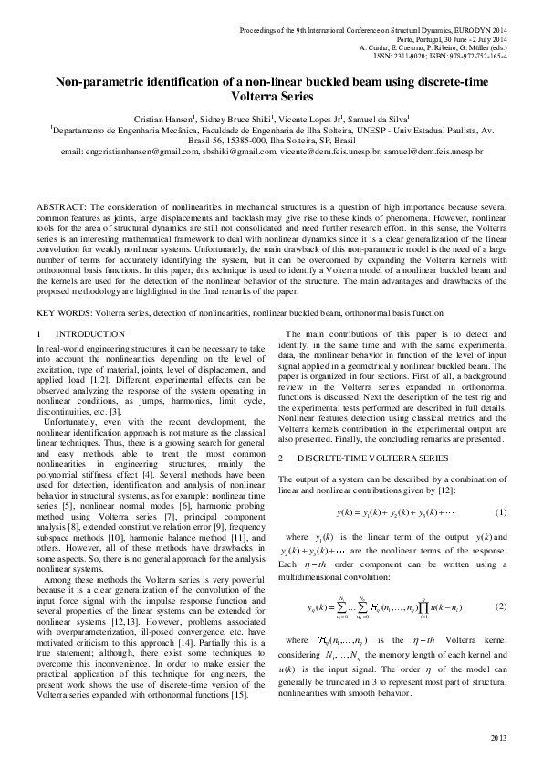 Pdf Non Parametric Identification Of A Non Linear Buckled Beam Using Discrete Time Volterra Series