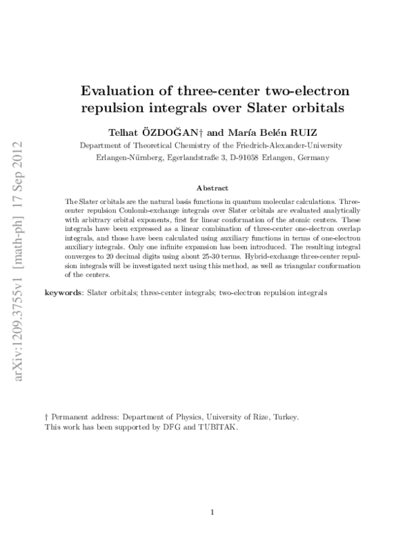 Pdf Evaluation Of Three Center Two Electron Repulsion Integrals Over Slater Orbitals