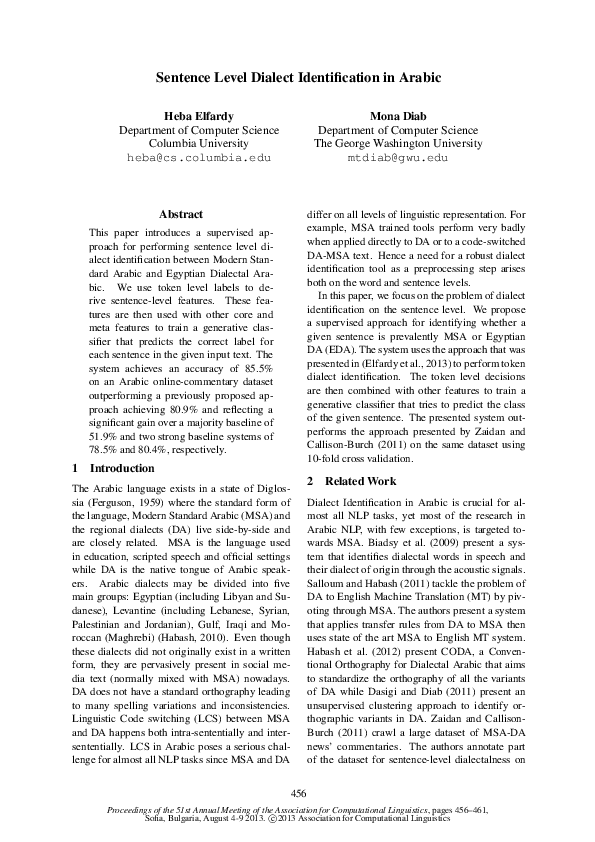 (PDF) Sentence Level Dialect Identification in Arabic