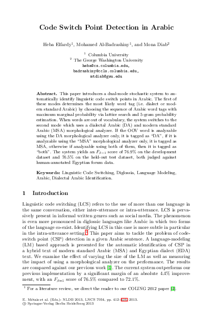 (PDF) Code Switch Point Detection in Arabic