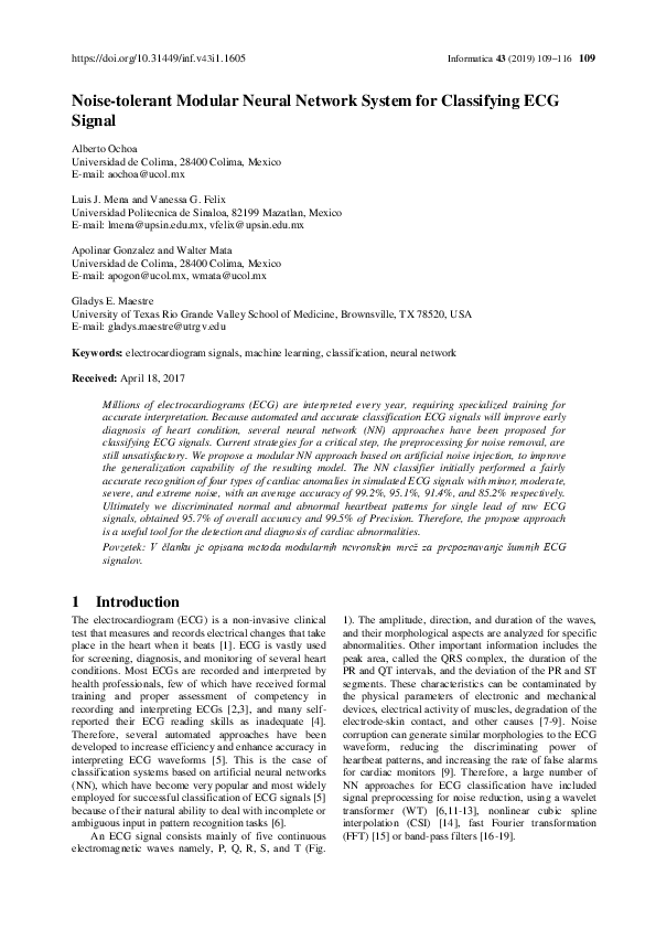 Pdf Noise Tolerant Modular Neural Network System For Classifying Ecg