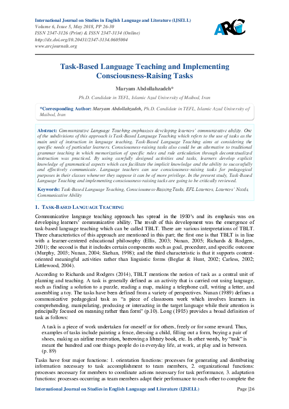 (PDF) Task-Based Language Teaching and Implementing Consciousness-Raising Tasks