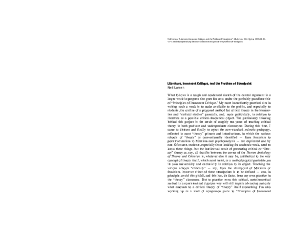 (PDF) Literature, Immanent Critique, and the Problem of Standpoint