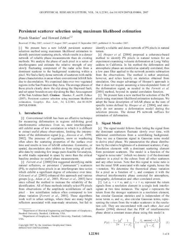 (PDF) Max Likelihood Estimation for Persistent Scatterer Selection