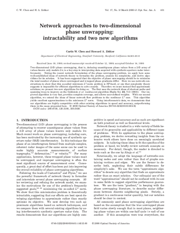 Pdf Network Approaches To Two Dimensional Phase Unwrapping Intractability And Two New Algorithms