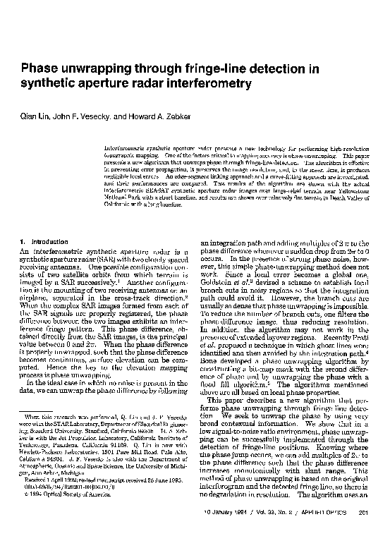(PDF) Phase unwrapping through fringe-line detection in synthetic aperture radar interferometry