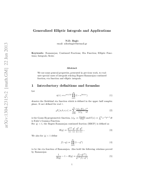 (PDF) Generalized Elliptic Integrals and Applications