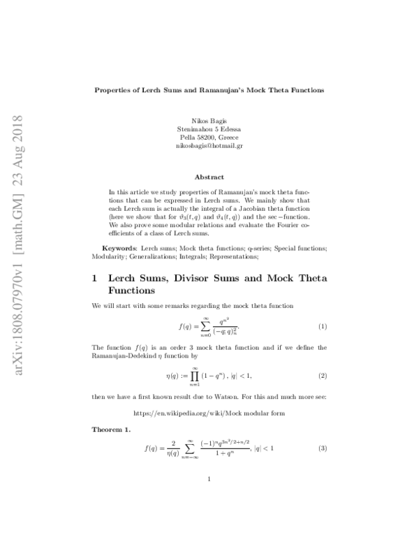 (PDF) Properties of Lerch Sums and Ramanujan's Mock Theta Functions