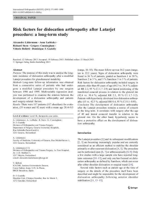 (PDF) Risk factors for dislocation arthropathy after Latarjet procedure ...