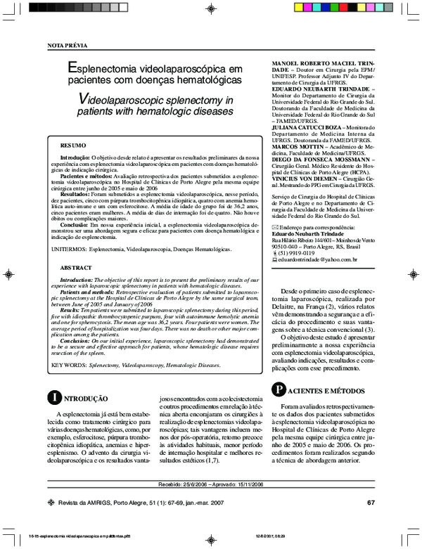 (PDF) Esplenectomia Videolaparoscópica Em Paciente Portador De ...