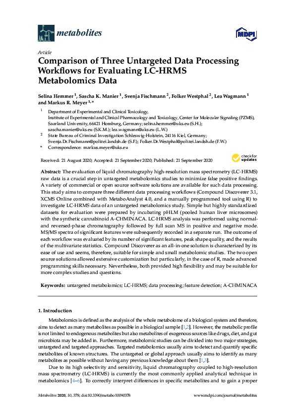 (PDF) Comparison of Three Untargeted Data Processing Workflows for ...
