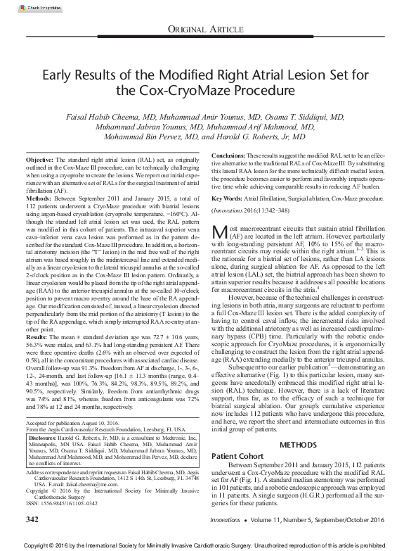 (PDF) Early Results of the Modified Right Atrial Lesion Set for the Cox-CryoMaze Procedure