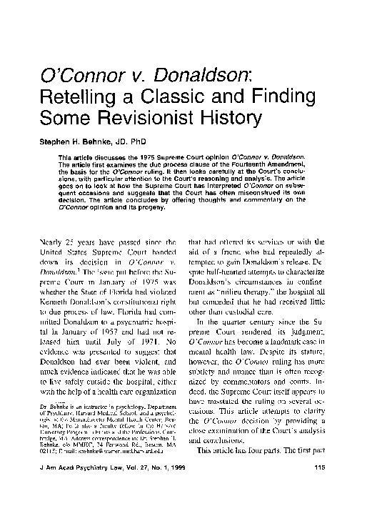 (PDF) O'Connor v. Donaldson: retelling a classic and finding some ...
