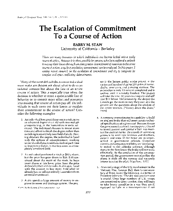 (PDF) The Escalation of Commitment to a Course of Action