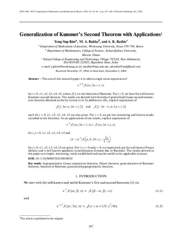 Pdf Generalization Of Kummers Second Theorem With Applications
