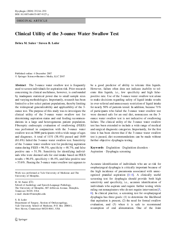 (PDF) Clinical utility of the 3-ounce water swallow test