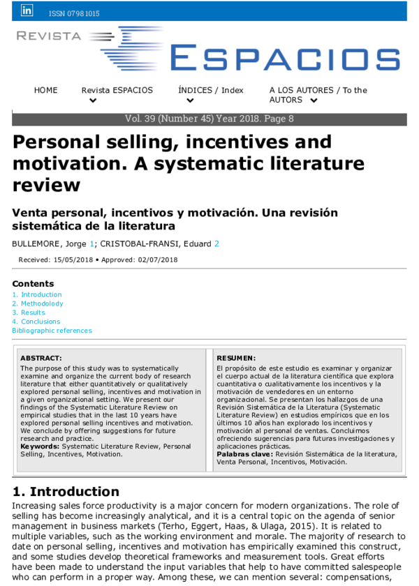 (PDF) Personal selling, incentives and motivation. A Systematic ...