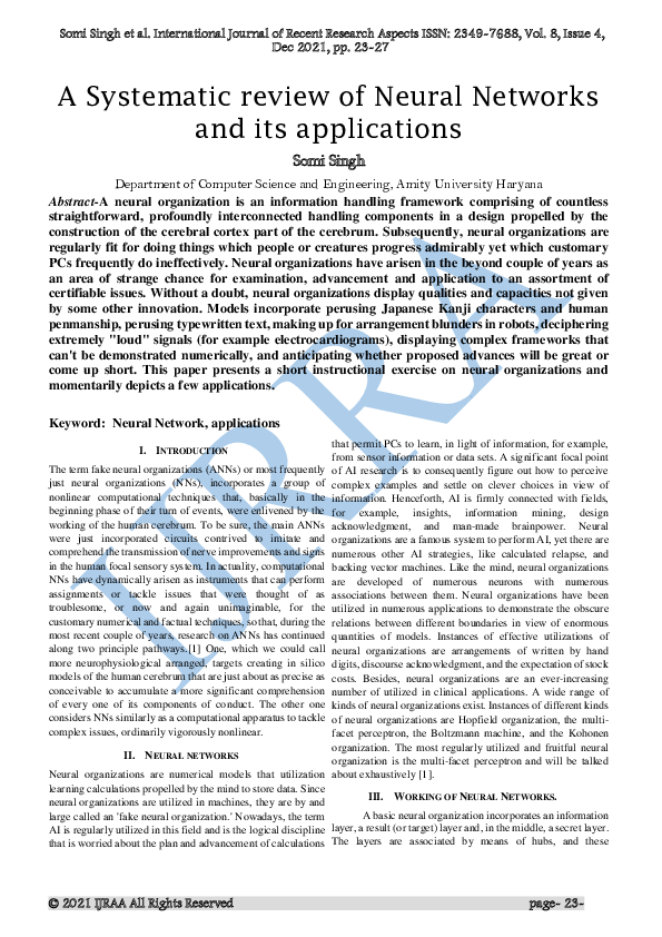 (PDF) A Systematic review of Neural Networks and its applications | International Journal of ...
