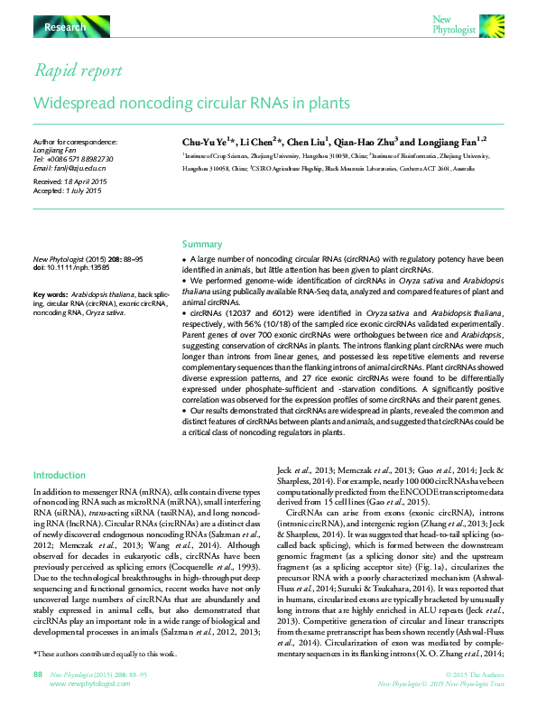 (PDF) Widespread noncoding circular RNAs in plants