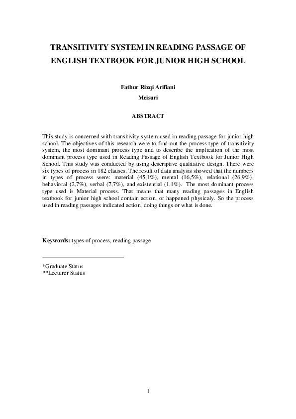 (PDF) Transitivity System in Reading Passage of English Textbook for ...