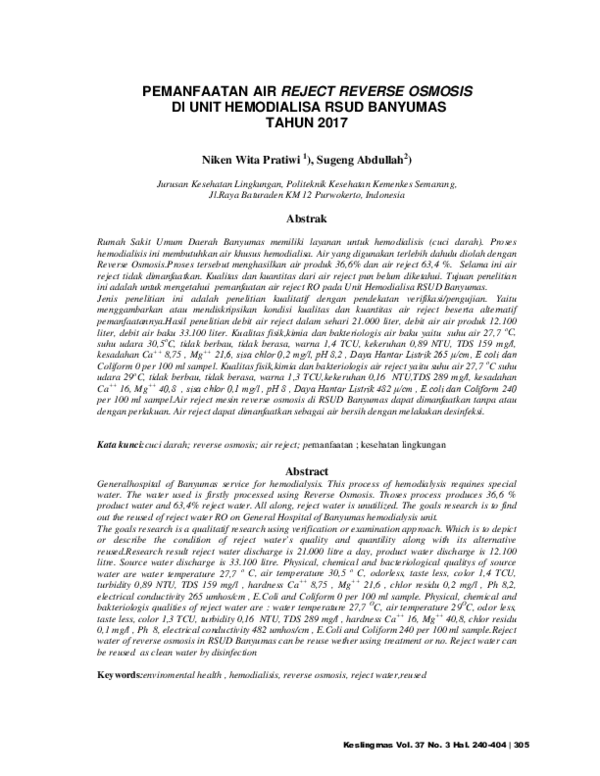 (PDF) Pemanfaatan Air Reject Reverse Osmosis DI Unit Hemodialisa Rsud ...