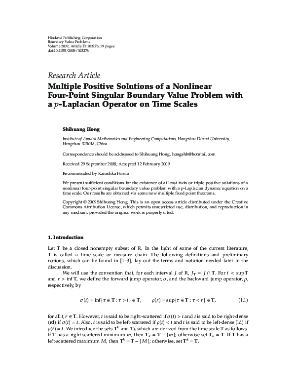 Pdf Multiple Positive Solutions Of A Nonlinear Four Point Singular Boundary Value Problem With