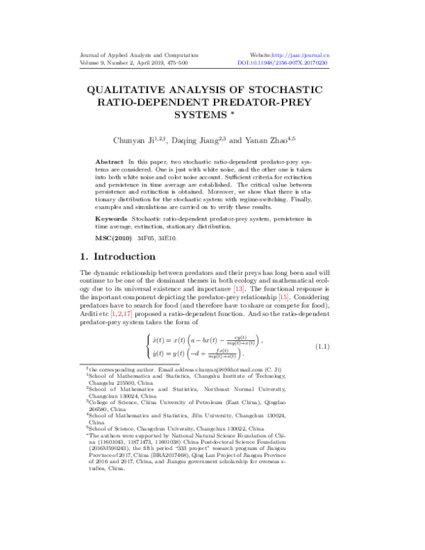 (PDF) Qualitative analysis of a stochastic ratio-dependent predator–prey system