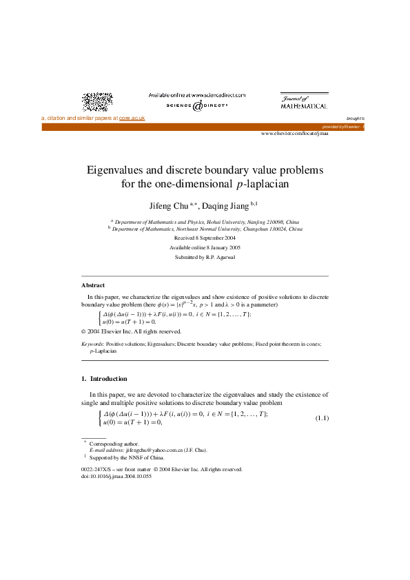 (PDF) Eigenvalues and discrete boundary value problems for the one-dimensional p-laplacian