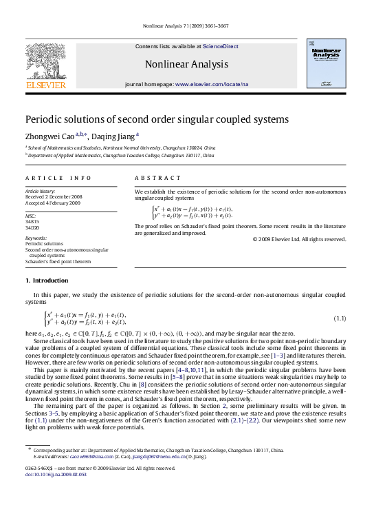 Pdf Periodic Solutions Of Second Order Singular Coupled Systems