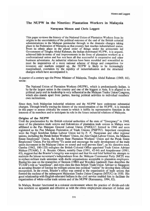 (PDF) The NUPW in the nineties: plantation workers in Malaysia