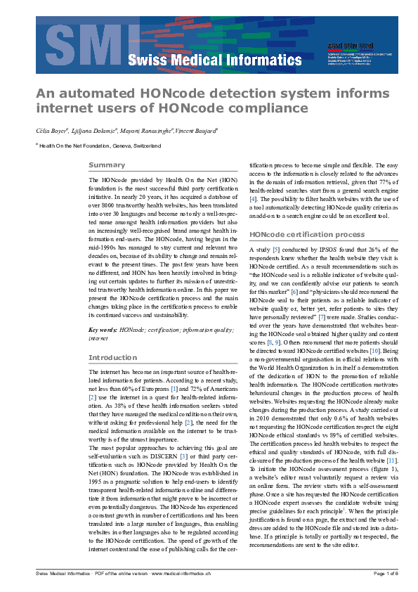 Pdf An Automated Honcode Detection System Informs Internet Users Of