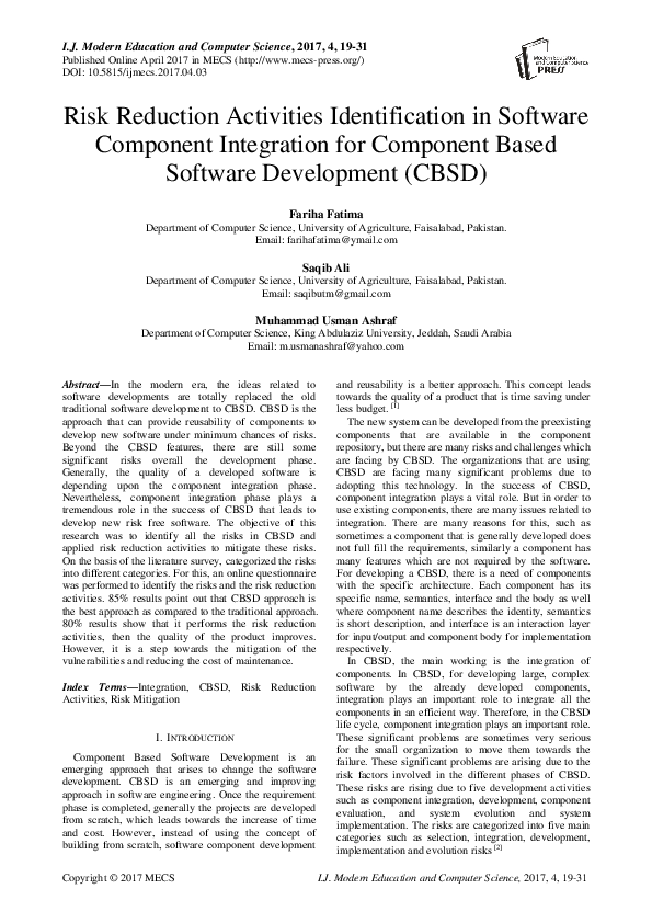 (PDF) Risk Reduction Activities Identification in Software Component Integration for Component ...