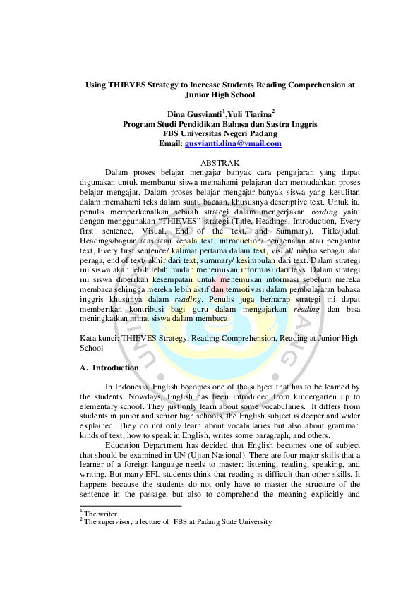 (PDF) Using THIEVES Strategy to Increase Students Reading Comprehension ...