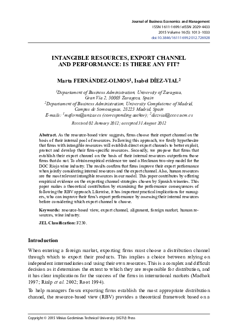 (PDF) Intangible resources, export channel and performance: is there ...