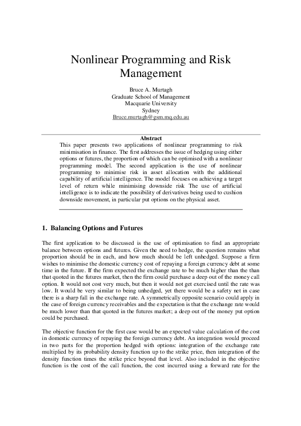(PDF) Nonlinear Programming and Risk Management