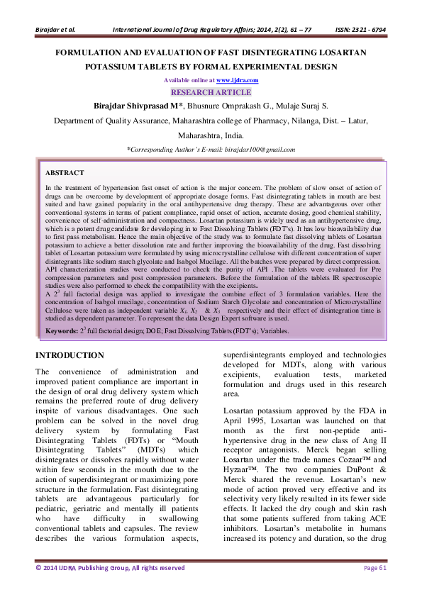 Pdf Formulation And Evaluation Of Fast Disintegrating Tablet Of Ranitidine Hydrochloride Using