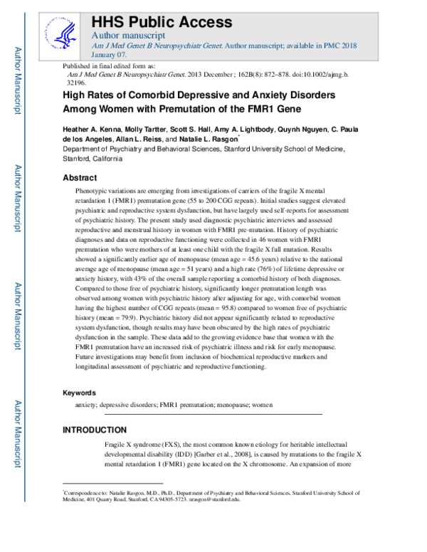 (PDF) Depression and anxiety symptoms among women who carry the FMR1 premutation: Impact of ...
