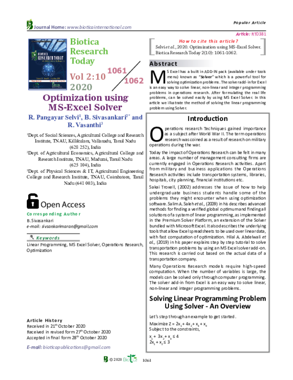 Pdf Optimization Using Ms Excel Solver
