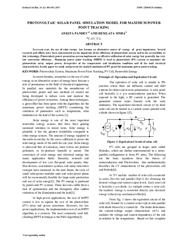 (PDF) Photovoltaic Solar Panel Simulation Model for Maximum Power Point ...